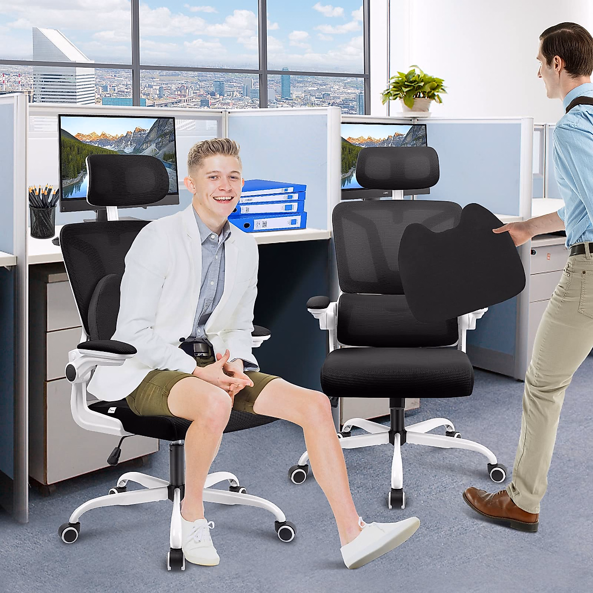 Soontrans Black Ergonomic Office Chair with Lumbar Support Pillow, Mesh Office Chair with Headrest & Adjustable Arms, Rocking Office Desk Chair, Comfortable Ergonomic Chair, Ergo Chair