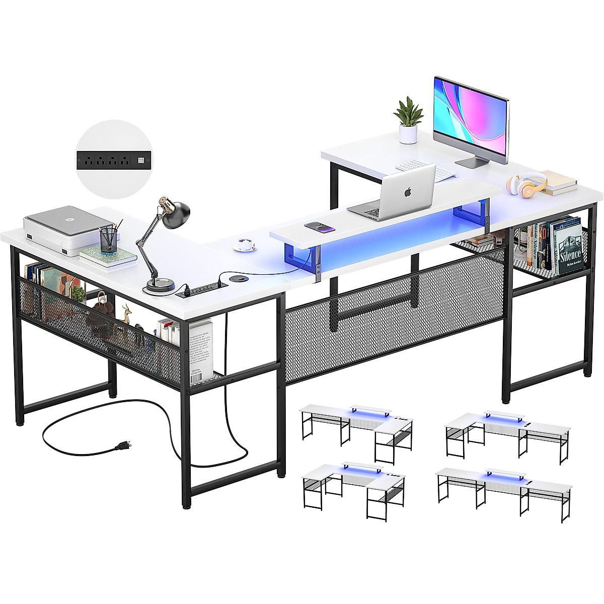 Unikito U Shaped Computer Desk with LED Strip and Power Outlets, Reversible Large Office Desk with Monitor Stand and Storage Shelves, 2 Person L Shaped Gaming Table, 83 Inch U Shape Corner Desk, White
