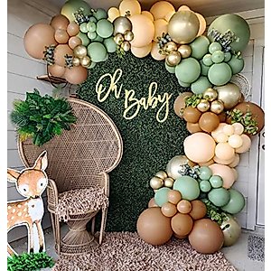 Safari Woodland Sage Olive Green Brown Nude Cream Neutral Balloons Balloon Garland Kit, Jungle Safari Wild One Boho Teddy Bear Birthday Baby Shower Theme Party Decorations Supplies for Boy
