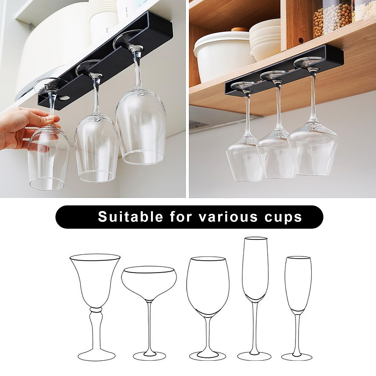 AQJUNONG Wine Glass Holder ， 2 Pack Wine Glass Rack, No Drilling Wine Glass Holder Under Cabinet, Hanging Stemware Rack Organizer Hanger for Bar and Kitchen Cabinet（Classic Black）