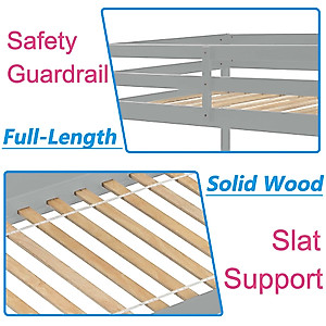 Anwick Twin Over Twin Low Bunk Bed with Stairs and Rails, Wooden Bunk Beds Frame with Safety Guardrail and Slats for Toddlers, Kids, Teens, Boys, Girls, Noise-Free (Grey)