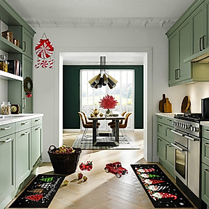 Christmas Kitchen Rugs Set of 2 - Buffalo Plaid Tree Gnomes Black Kitchen mat, Winter Holiday Party Low-Profile Floor Door Mat Merry Christmas Decorations for Home Kitchen - 17x29 and 17x47 Inch