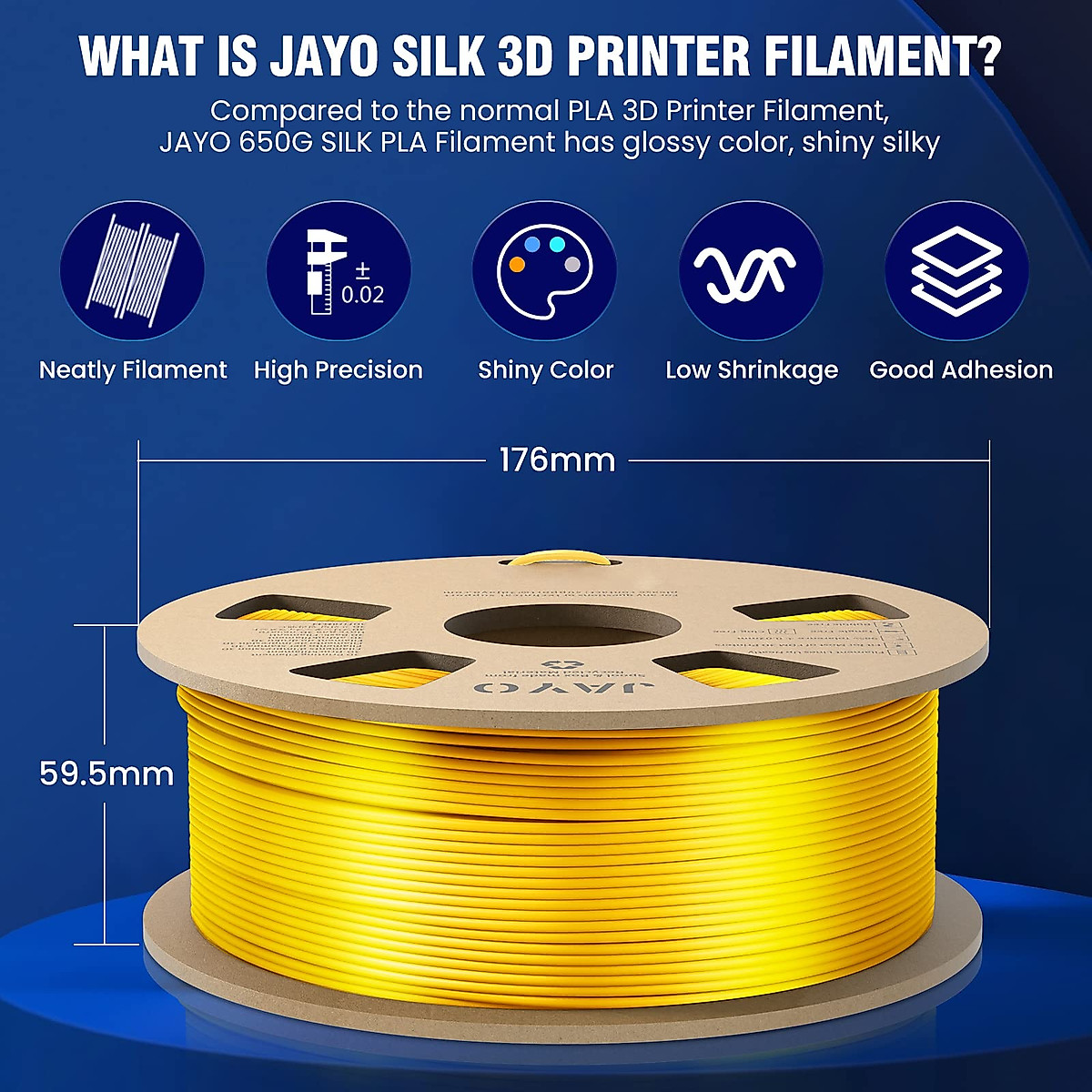Silk Shiny PLA 3D Printer Filament 1.75mm, JAYO Silk PLA 0.65kg Spool 3D Printing Material, Silky Shine Surface, Neatly Wound Filament, Fits for Most FDM 3D Printers, Light Gold 650g