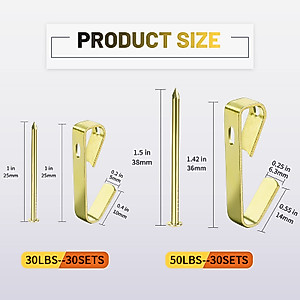 120PCS Wall Picture Hangers, Hoedia Picture Hanging Kit with Heavy Duty Hooks and Nails - 50LBS+30LBS, Gold