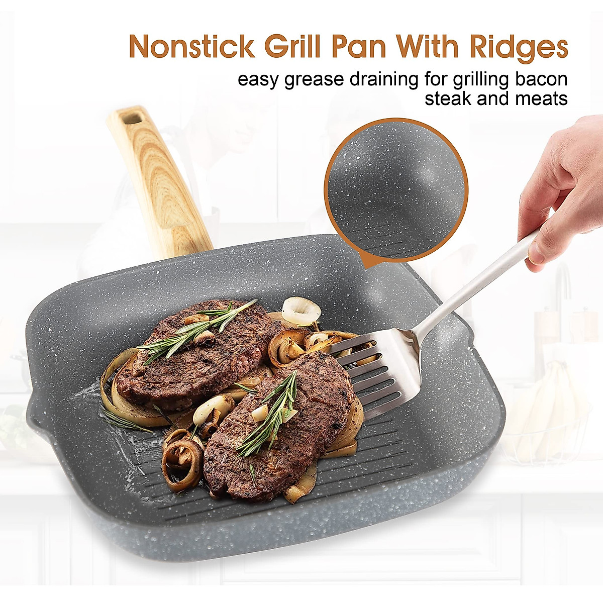 Kitchen Academy Granite Nonstick Cookware Set - 17 Piece Gray Cooking Pans Set, Induction Pots and Pans Set Non Stick, PFOA & PFOS Free.