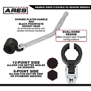 ARES 14021 – Double Sided Flexible O2 Sensor Wrench – Flex Head Design for Access in Tight Spaces – 6 Point and 12 Point Socket Head Configurations - Remove and Install 7/8” (22mm) O2 Sensors