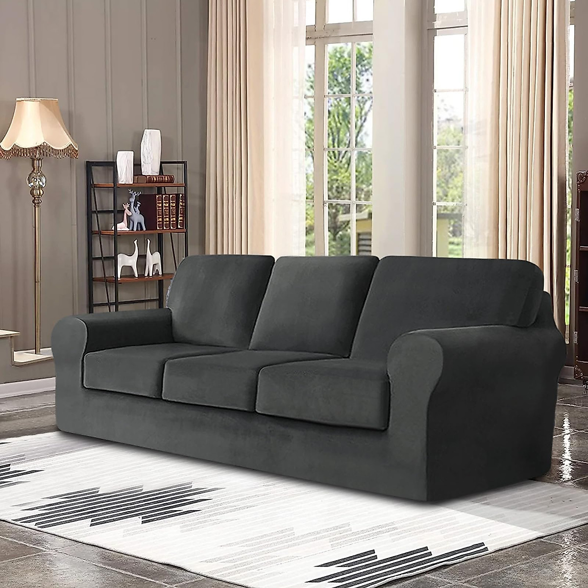 HDCAXKJ Couch Cover 7 Piece Velvet Stretch Dog Sofa Covers for 3 Cushion Couch Soft Magic Fitted Anti Slip T Cushion Sofa Slipcovers 3 Seat Living Room Pet Furniture Protector (Dark Gray, Large)