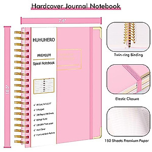 Huhuhero Lined Spiral Notebook, 5 Subject Notebook with Dividers, 7.6" x 10.5", Hardcover Notebooks College Ruled for Work School Office Women Men, College School Supplies (Pink-300 pages)