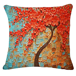 Oil Painting Black Large Tree and Flower Birds Cotton Linen Throw Pillow Case Cushion Cover Home Sofa Decorative 18 X 18 Inch (Brown Tree)