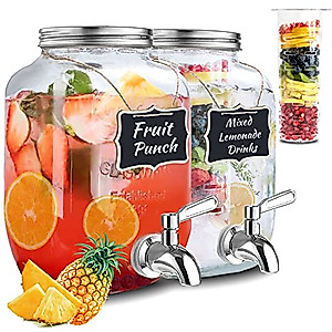 1 Gallon Glass Drink Dispensers for Parties With Fruit Infuser,Marker,Chalkboard,2 Pack Beverage Dispensers With Spigot Stainless Steel,Mason Jar Drink Dispensers With Lids,Laundry Detergent Dispenser