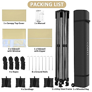 COBIZI 10x10 Pop up Canopy Tent 10x10 Canopy with 4 Sidewalls Waterproof Heavy Duty Commercial Canopy Tent for Parties Outdoor Tent Garden Gazebo Tent, Carry Bag with Wheel(10x10ft, Khaki)