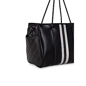 Haute Shore - Greyson Carbon Neoprene Tote Bag w/Zipper Wristlet Inside,Black Coated W/Silver & Black Stripe,One_Size