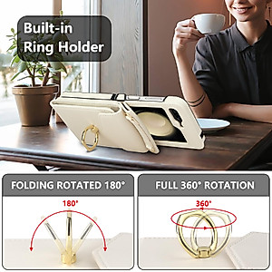 HianDier for Samsung Galaxy Z Flip 5 Case Wallet with Card Holder for Women with Crossbody Lanyard PU Leather Ring Kickstand Shockproof Protective Phone Case for Samsung Z Flip 5 Case, Beige