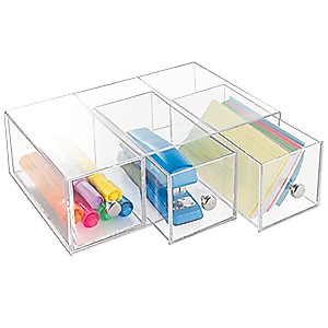 mDesign Plastic Stackable Desktop Organizer Tower Storage Station with 3 Drawers for Home Office - Holds Pens, Sticky Notes, Binder Clips, Notepads, or Gel Pens - Lumiere Collection - 2 Pack - Clear