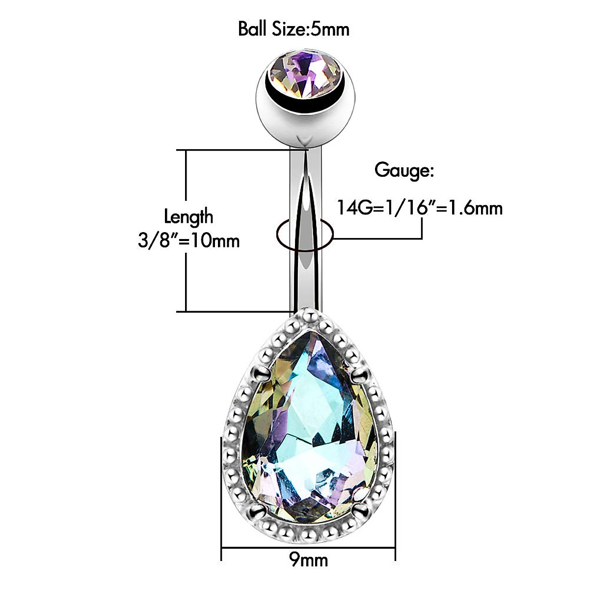 OUFER 14G Surgical Steer Belly Button Rings Tear Drop CZ Gem Navel Rings Belly Jewelry