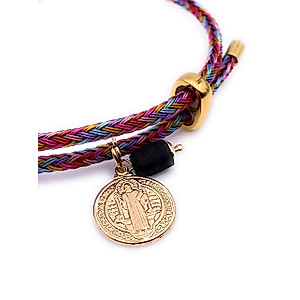 LESLIE BOULES 18K Gold Plated Saint Benedict Colored String Bracelet Charm Genuine Azabache Stone