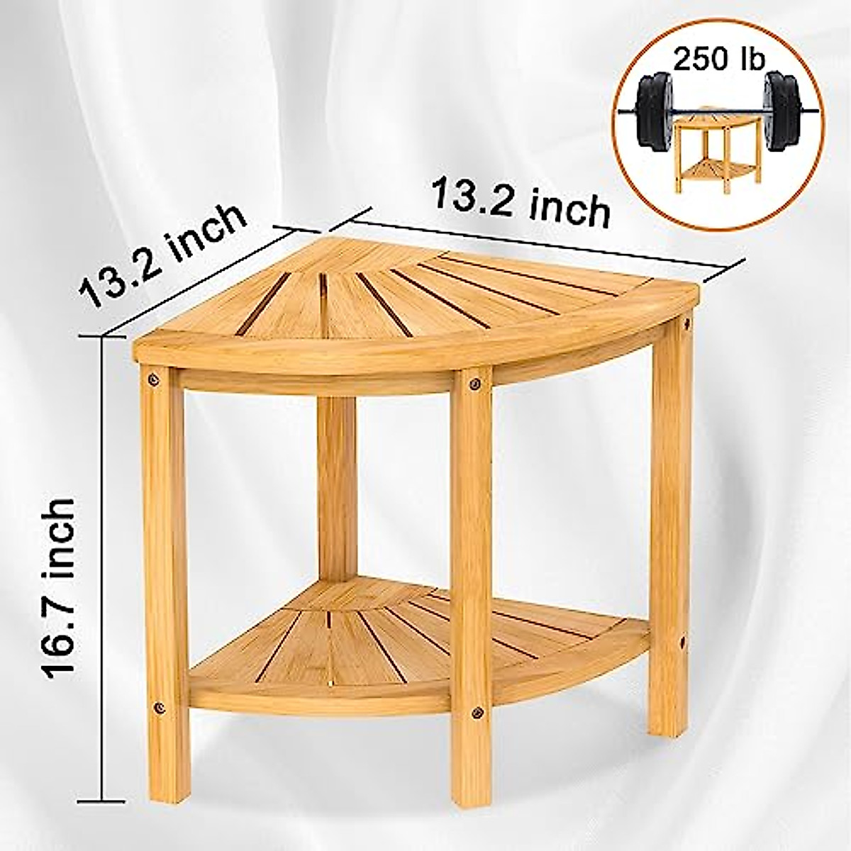 16" Bamboo Corner Shower Bench with Shelf, Corner Shower Stool for Shaving Legs, Shower Foot Rest Stool, Waterproof Wood Storage & Seat for Bathroom, Shower, Spa, Sauna, Shower Stool for Inside Shower