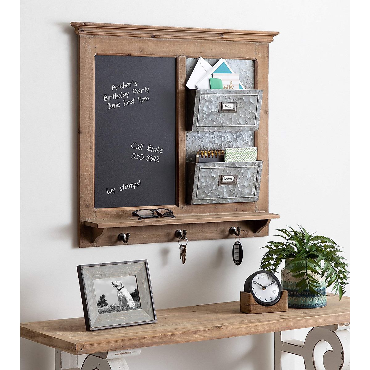 Kate and Laurel Idamae Wood Framed Chalkboard Wall Organizer with Mail Holders and Key Hooks, 28" x 25", Rustic Brown, Farmhouse-Inspired Chalkboard