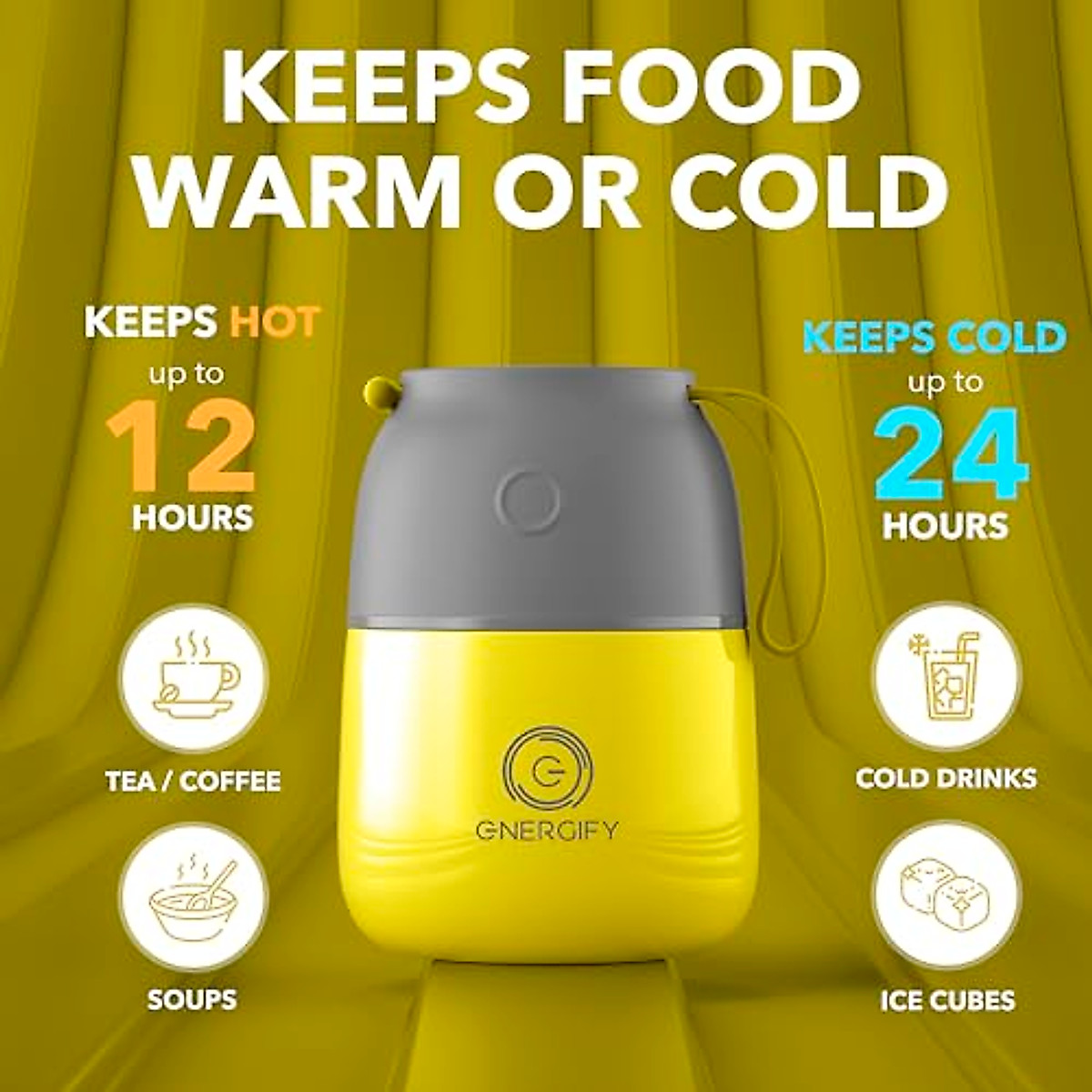 Vacuum Insulated Food Jar Portable 12oz Thermos incl. Folding Spoon, Cup. Hot & Cold Drinks Heated Soup Lunch Container for Kids and Women Premium BPA-Free Stainless Steel Leak Proof Starfruit Yellow
