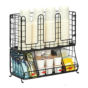 Countertop & Wall Mounted Coffee Condiment Organizer with 2 Removable Dividers, Metal Cup Dispenser Coffee Station Organizer, Stackable Coffee Bar Organizer for Breakroom Office Kitchen