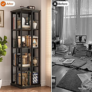 Besiost Bookshelf, Rotating Bookshelf Corner Bookcase, 360 Wood Spinning Narrow Bookshelf, 4 Tier Floor Standing Bookcase Shelf Revolving Organizer Storage Rack for Small Space, Study Room, Black Oak