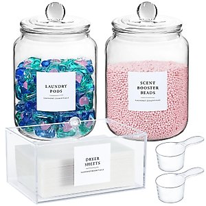 Glass Jars and Dryer Sheet Holder, Dispenser Set with Lids and Labels, Containers for Laundry Room Organization and Storage, Half Gallon Airtight Glass jars, Acrylic Storage Box for Laundry supplies,