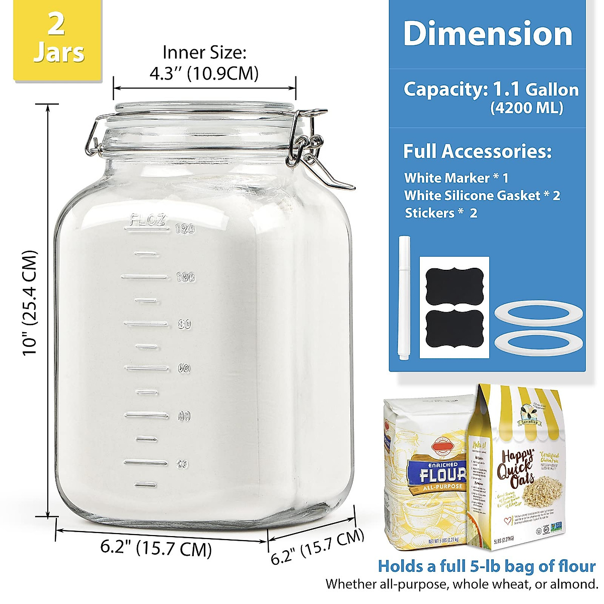 2 Pack 1 Gallon Square Super Wide-Mouth Glass Jars with Airtight Lids - Glass Storage Jars with 2 Measurement Mark - Canning Jars with Large Capacity, Sturdy For Canning, Overnight Oats, 4200 ML