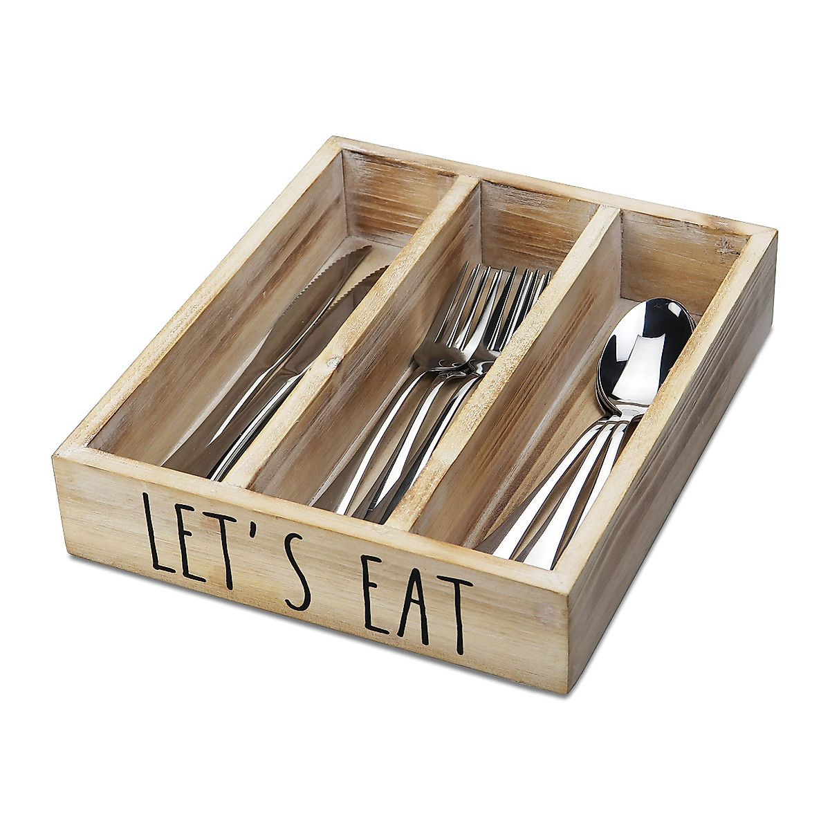 Karisky Kitchen Drawer Organizer Fir Wood Cutlery Silverware Tray Organizer with 3 Compartments, Decorative Utensil Holder for Flatware, Knives, Forks, Spoons