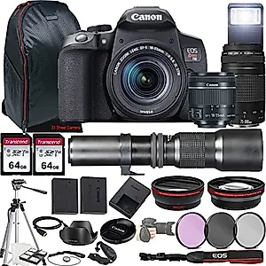 Canon EOS Rebel T8i DSLR Camera w/EF-S 18-55mm F/4-5.6 is STM Lens + EF 75-300mm f/4-5.6 III Lens + 500mm f/8 Focus Lens + 2X 64GB Memory + Case + Filters + Tripod + More (35pc Bundle)