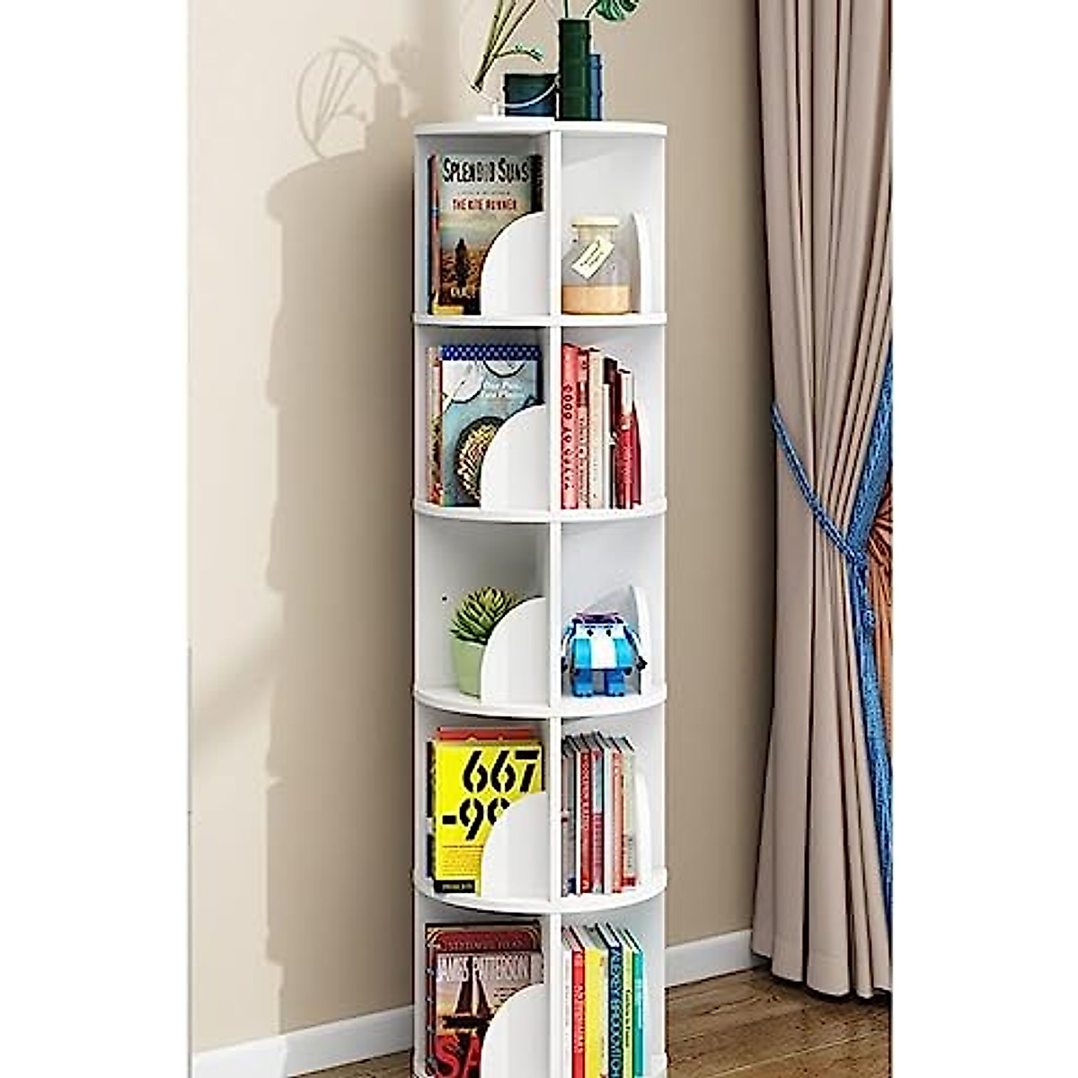 ANTWAX Bookshelf Creative Bookshelf 4 Tier 360° Rotating Bookshelf White Bookcase Stackable Shelves Organizer for CDs/Movies/Books Organizer Floor Standing Bookcase