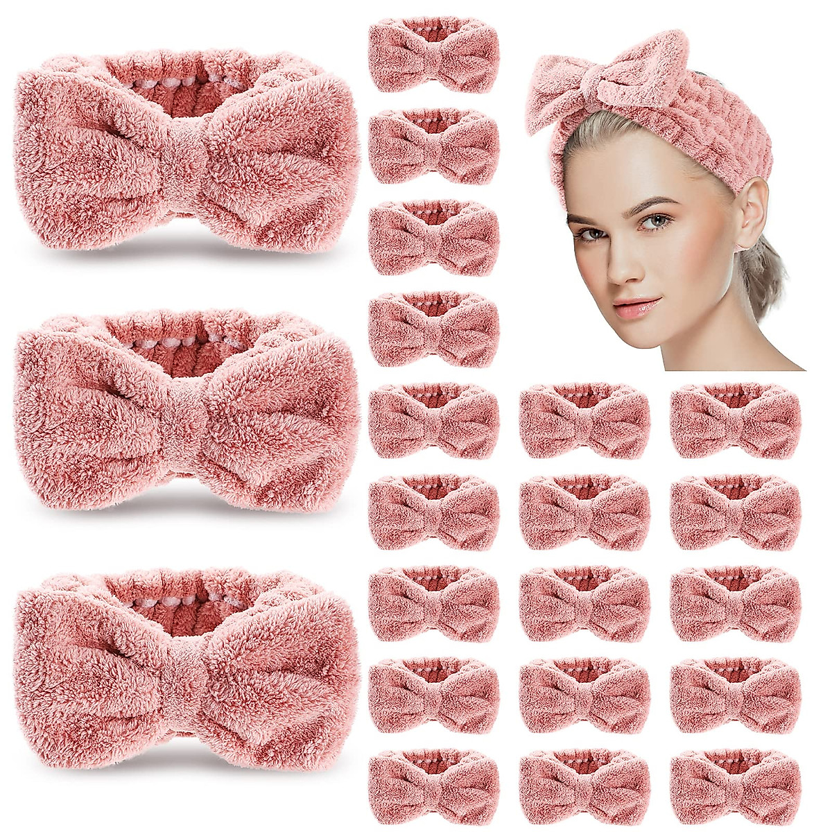 Yunlly 20 Pcs Spa Headband for Women 4 Inches Width Facial Makeup Hair Band Bulk Skincare Headbands for Washing Face Bowtie Headband Slumber Party Supplies Fluffy Head Wraps(Rose Pink)