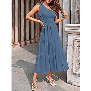 MEROKEETY Women's One Shoulder Sleeveless Shirred High Waist Swing A-Line Midi Maxi Dress,Dustyblue,S
