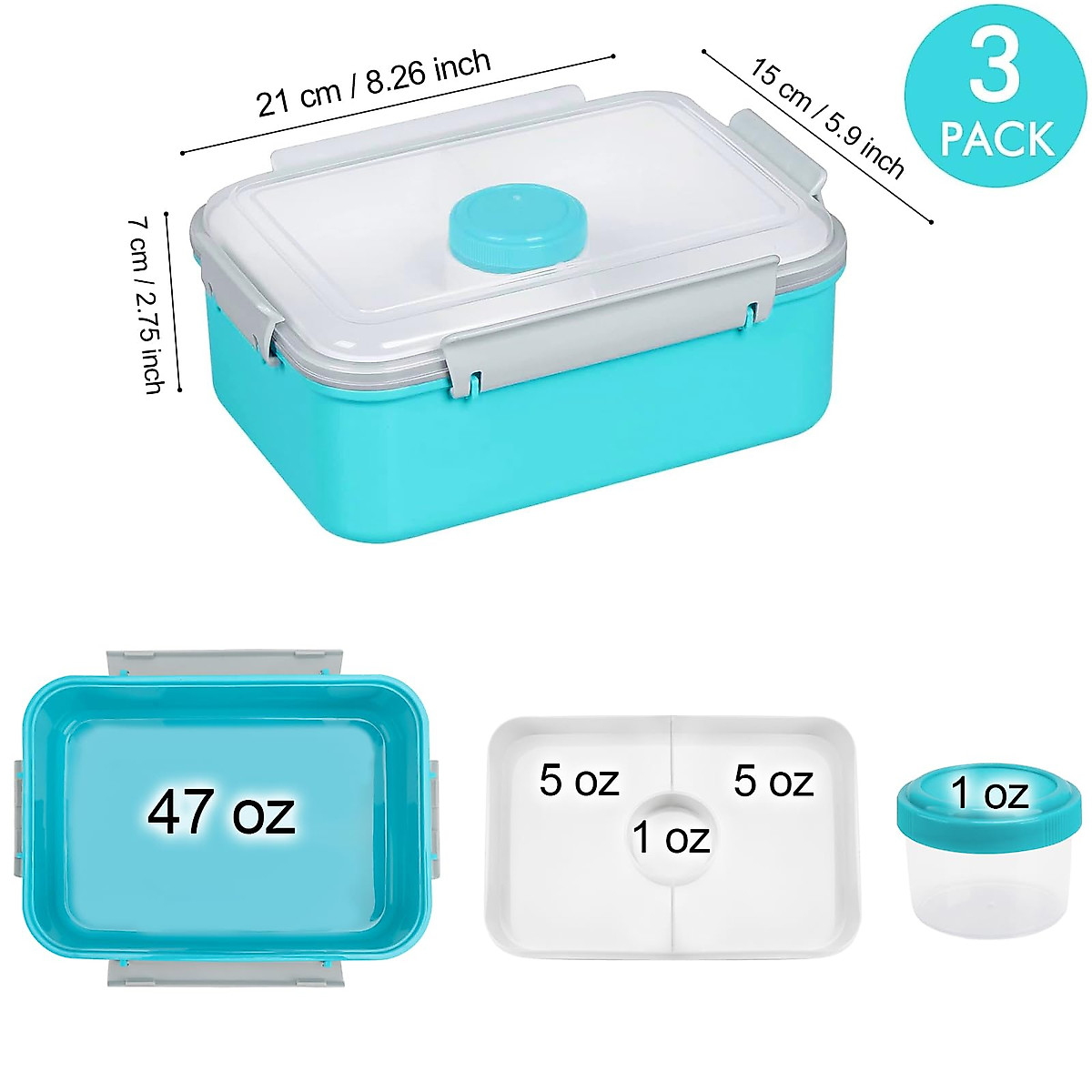 Shopwithgreen 47-oz Bento Box with Removable Tray & Dressing Pots, Food Prep Storage Containers with Lids, Coastal Aqua