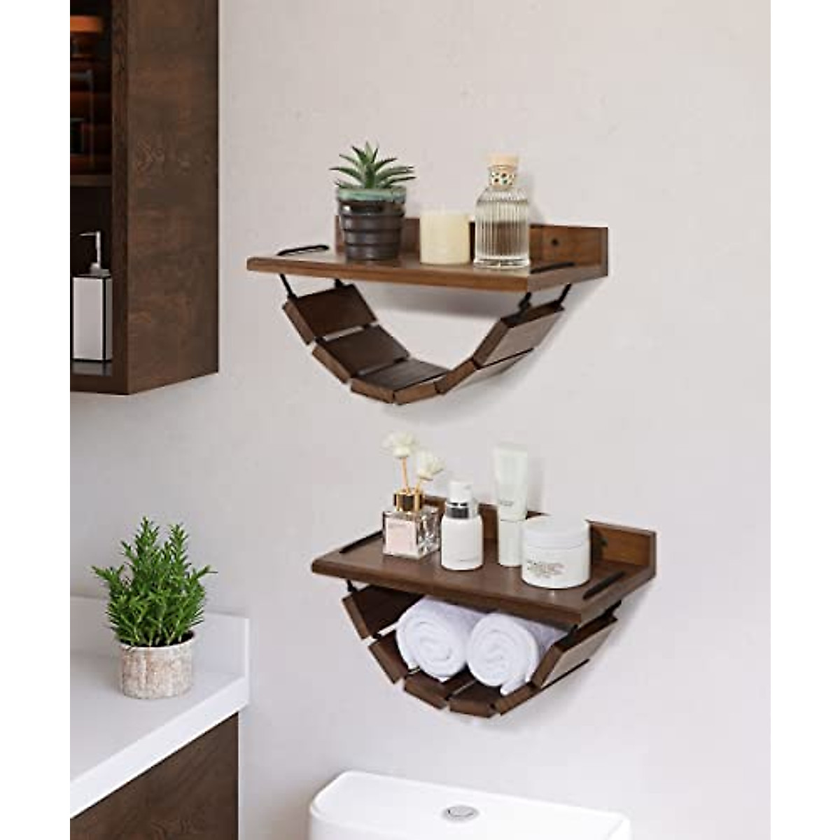 Sivapleso Floating Nightstand Set of 2, Wood Wall Mounted Nightstand Desk Bedside Tables Floating Shelves with Hammock Rustic Decor for Living Room, Bedroom, Kitchen, Office