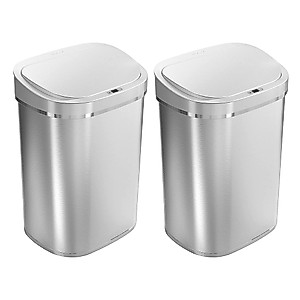 NINESTARS 21 Gallon Rectangular Stainless Steel Automatic Soft Close Motion Sensor Trash Can with Manual Mode, Ring Liner, and Non-Skid Base (2 Pack)