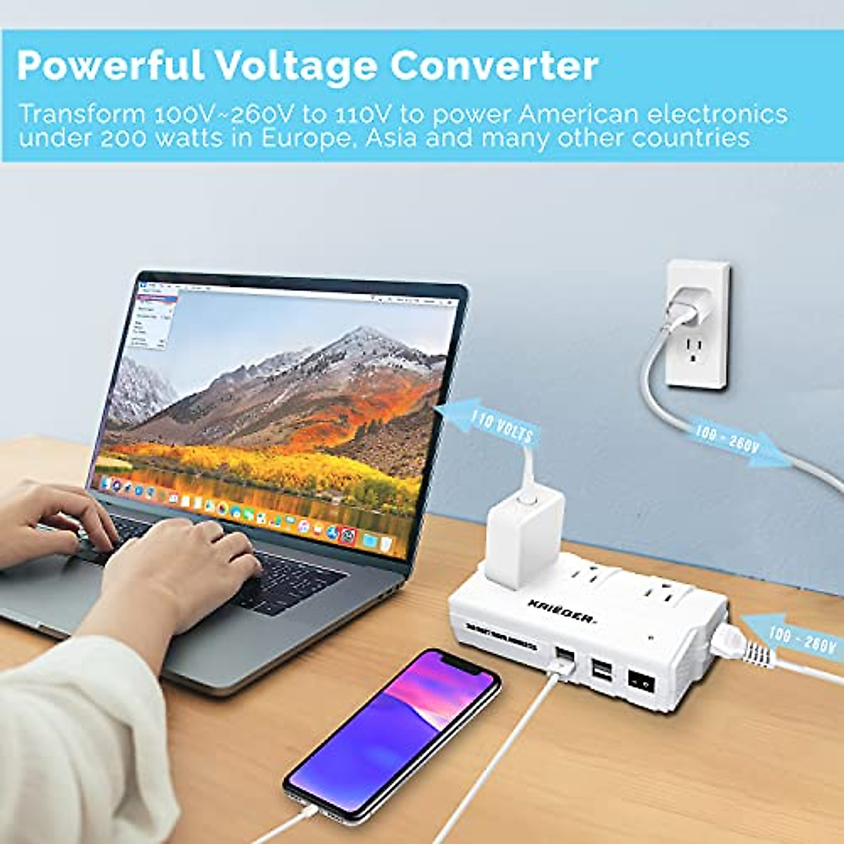 K KRIËGER Universal Travel Adapter, Step Down Transformer 200 Watt Capacity, International Power Adaptor w/ 4 USB Ports 6A Total Charging, 3 AC Outlets for USA EU UK AUS Worldwide Plug Adapter