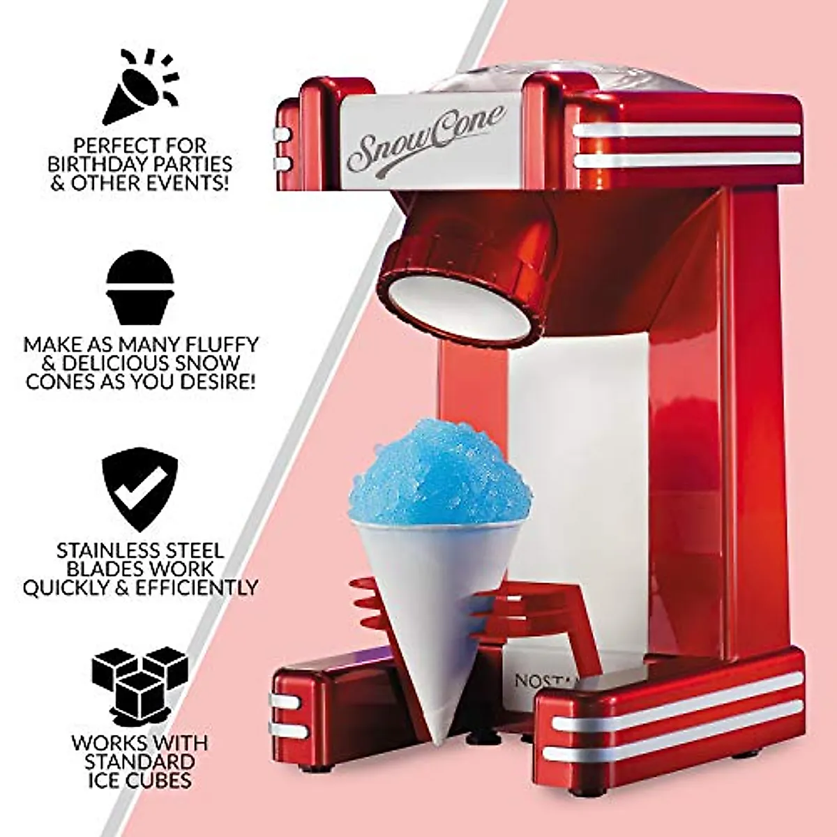 Nostalgia Retro Table-Top Snow Cone Maker, Vintage Shaved Ice Machine Includes 1 Reusable Plastic Cup, Retro Red