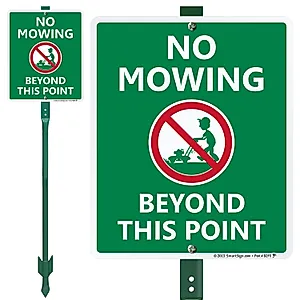 SmartSign 12 x 10 inch “No Mowing Beyond This Point” LawnBoss Yard Sign with 3 foot Stake, 40 mil Laminated Rustproof Aluminum, Red, White and Green, Set of 1, Made in USA