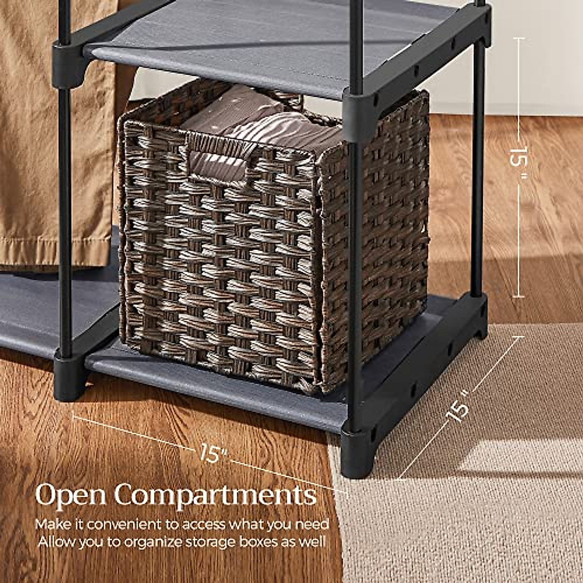 SONGMICS Freestanding Closet Organizer, 44-Inch Clothes Rack with 2 Hanging Rods, Portable Wardrobe Clothes Organizer with 4 Storage Shelves, Gray URYG024G02