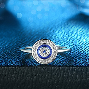 Round Blue Evil Eye Band Ring in Sterling Silver 925 Cubic Zirconia & Enamel[Size 6]