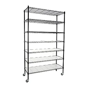 pouseayar 7 Tier NSF Metal Shelf Wire Shelving Unit, 2450lbs Capacity Heavy Duty Adjustable Storage Rack with Wheels & Shelf Liners for Closet Kitchen Garage Basement, 82" H x 48" L x 18" D - Black