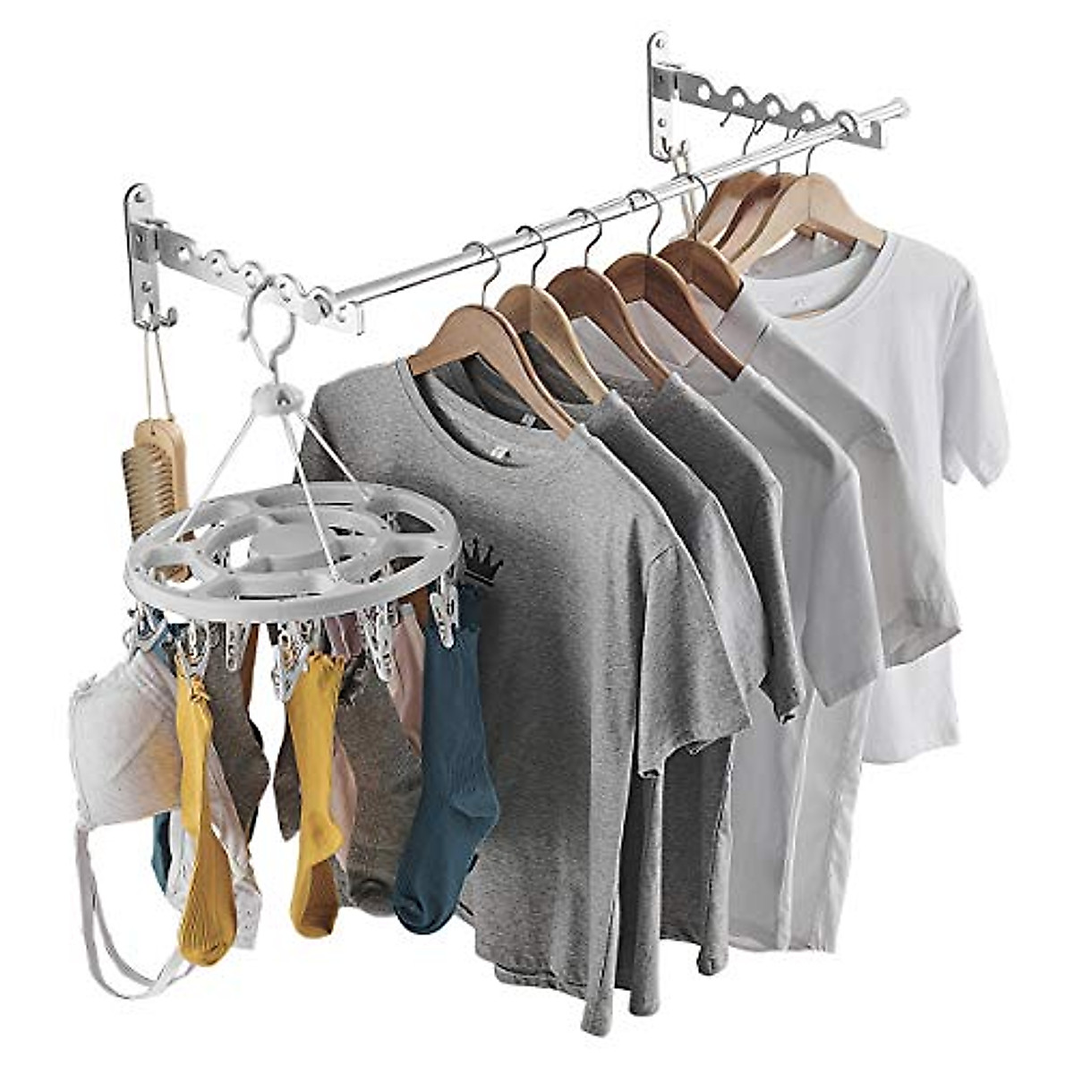 Ubrand Clothes Drying Rack Wall Mount, Folding Garment Drying Rack with Swing Arm Hook Closet Storage Organizer, Space Aluminum Mater, Used for Closet, Balcony, Bathroom (2 Racks and Rod) (Silver)