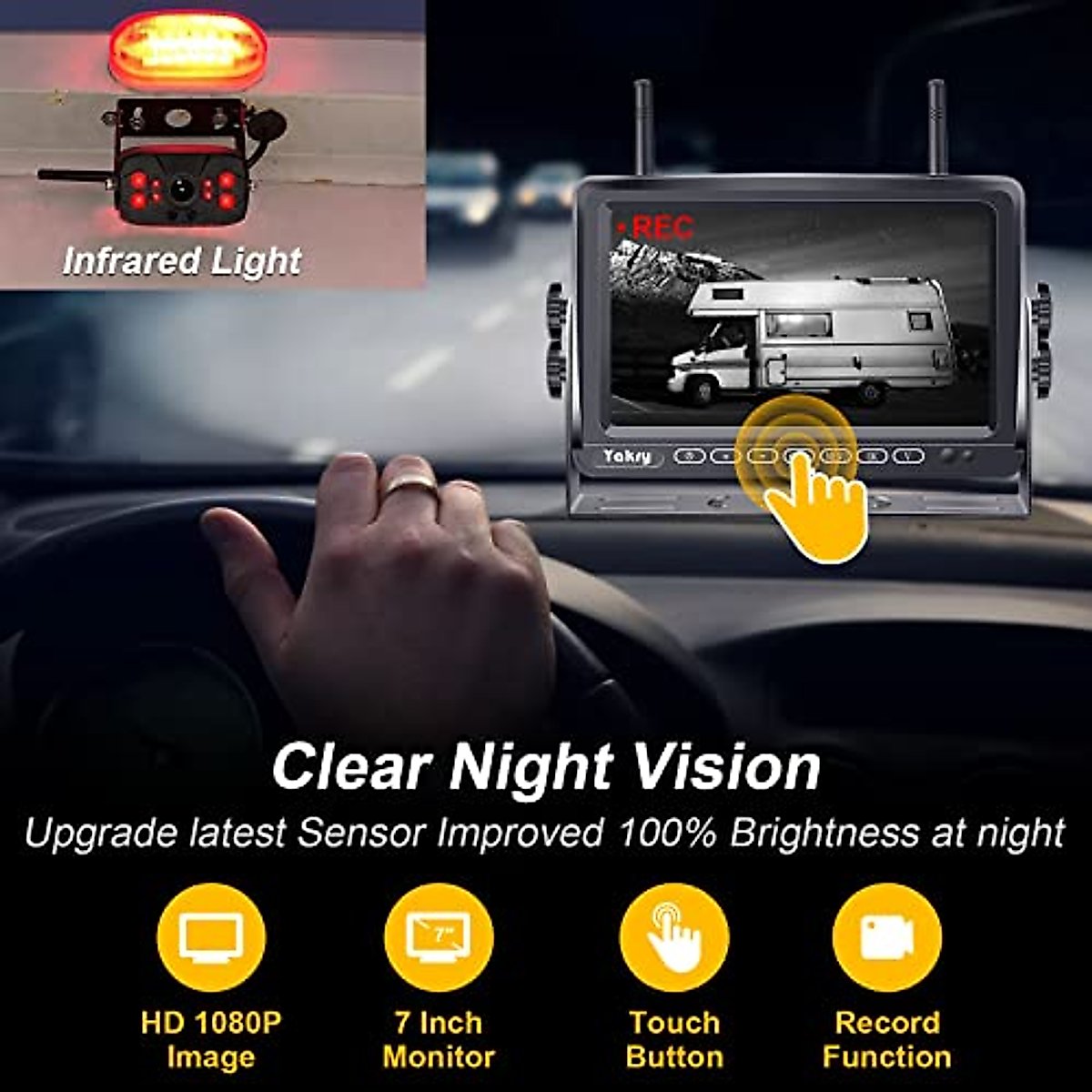 Yakry RV Backup Camera Wireless HD 1080P with 7 Inch Touch Key DVR Monitor for RVs,Campers,Trailers,Trucks Adapter For Furrion-Pre-wired RVs High-Speed Rear View Observation IR Night Vision Y27