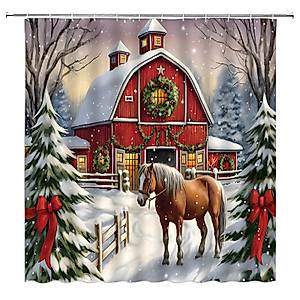 WANVYON Christmas Shower Curtain Farm Horse Farmhouse Barn Snowy Pine Trees Rustic Winter Holiday Bathroom Decor Polyester Curtains with Hooks