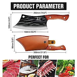 ENOKING Meat Cleaver Hand Forged Chef Knife High Carbon Steel Kitchen Butcher Knife with Full Tang Handle Leather Sheath Chopping Knife for Kitchen, Camping, BBQ (6.3 IN)