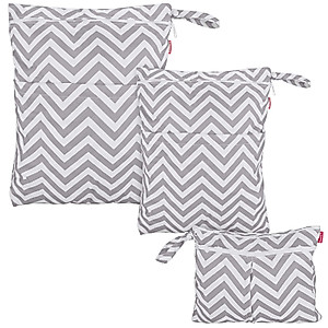 Damero 3pcs Travel Wet and Dry Bag Organizer with Handle for Cloth Diaper, Pumping Parts, Swimsuit and More, Easy to Grab and Go, Gray Chevron