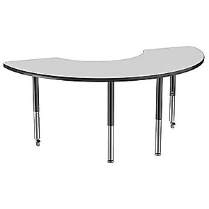 Factory Direct Partners 10076-GYBK Mobile Half Moon Activity School and Office Table (36" x 72"), Super Legs with Glides and Casters, Adjustable Height19-30" - Gray Top and Black Edge