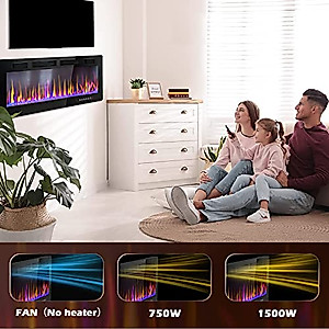 LEMBERI 50 inch Electric Fireplace Recessed and Wall Mounted,750/1500W Heater and Linear Fireplace with Touch Screen Control Panel, Timer,Remote Control,Adjustable Flame Color and Speed