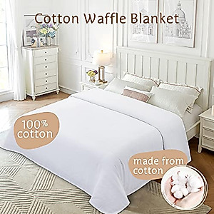 LBRO2M Waffle 100% Cotton Blanket Queen Size (90"x90"，Warm Lightweight Breathable Bed Sofa Couch Throws,Super Soft Knit Weave Travel for All Season,White