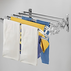 KLEVERISE Wall Mounted Retractable Expandable Drying Rack, Space Saving Clothing Towel Rack, Folding Stainless Steel Drying Rack for Laundry Bathroom